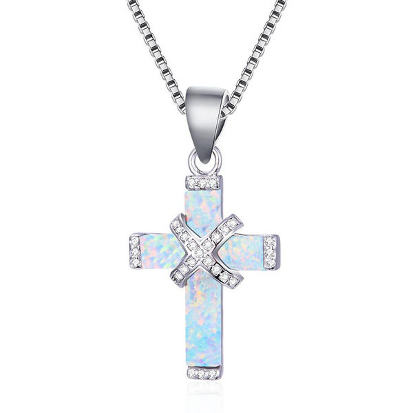 Blue Small Diamond X-Shaped White Opal Cross Pendant Necklace ...