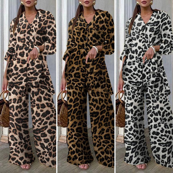 Two Piece Sets Women Leopard Print Long Sleeve Shirt Tops And Long ...