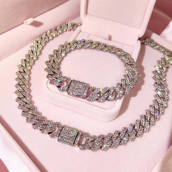 1pcs Silver Color 14mm Prong Miami Cuban Link Chain Necklace for Women ...