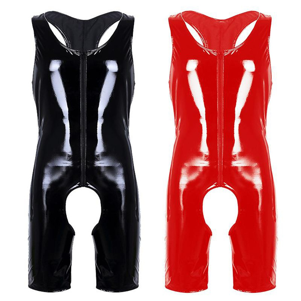 Men Wetlook Leather Underwear Leotard Bodysuit Wrestling Singlet ...