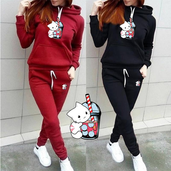 2022 Cute Anime Cat Boba Print Women TrackSuits SportsWear Jogging ...