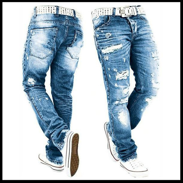 Streetwear Mens Hip Hop Style Ripped Holes Jeans Denim Pants Plus Size Loose Pants Wish