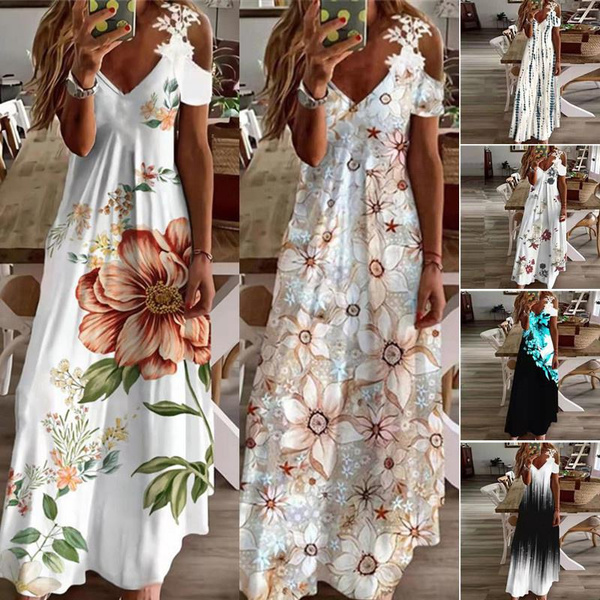 Women's Fashion Summer Floral Printed Maxi Dresses for Women Lace Short ...