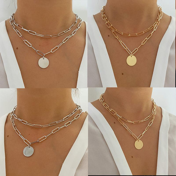 Silver/ Gold Paperclip Chain Link Necklace, Round Disc Pendant ...
