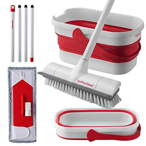 Flat Mop & Bucket System with Broom - Adjustable Broom & Microfiber Mop ...