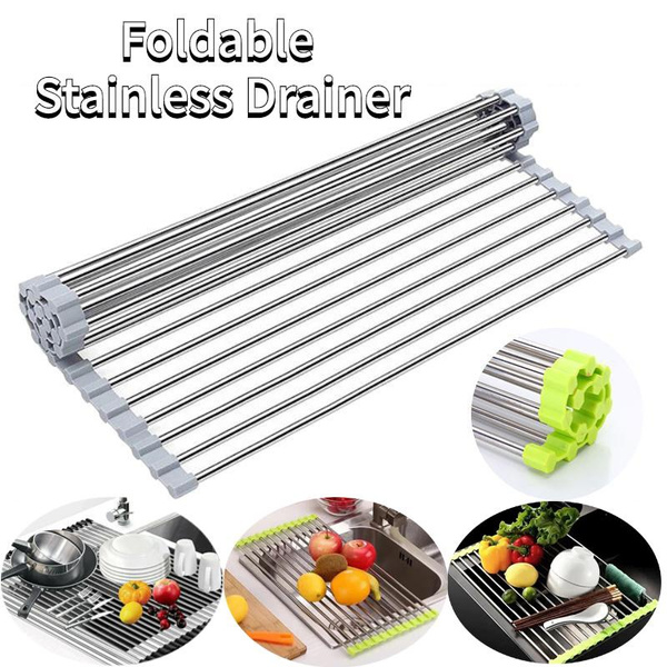 Foldable Stainless Steel Dish Drainer Roll Up Dish Drying Rack Over The ...