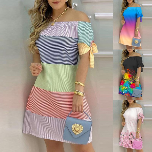 Women Summer Fashion Off Shoulder Print Short Dress Elegant Short ...