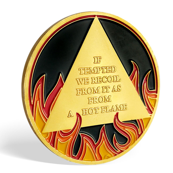 3 Year Sobriety Coin Gold Flames AA Chip Medallion Anniversary Token ...