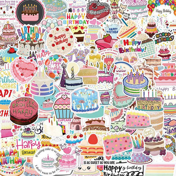 10/53Pcs Happy Birthday Cake Stickers Birthday Cream Cake Gift Graffiti ...