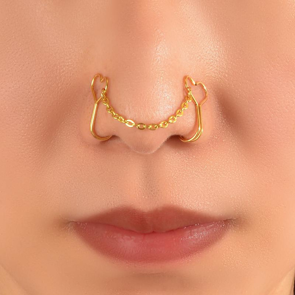 Comfortable Double Nostril Gold Silver Chain Nose Clip Heart False Nose