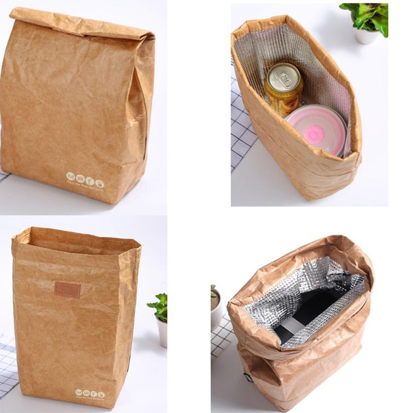Brown Paper Lunch Bag Reusable Box Sack Durable Insulated Thermal Kraft ...