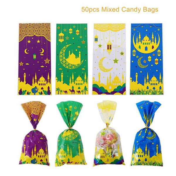 50pcs Eid Mubarak Gift Bags Ramadan Plastic Cellophane Treat Candy ...