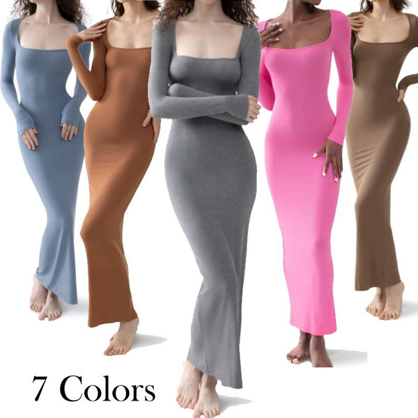 Women Bodycon Dress Long Solid Color U-neck Slim Wrap Hip Dress Long ...