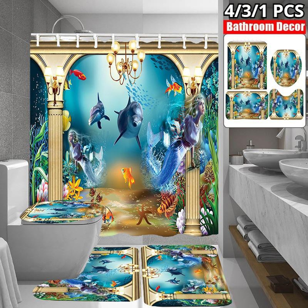 4 3 1 Pcs Deep Sea Blue Ocean Bathroom Waterproof Shower Curtain Non