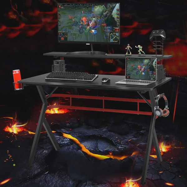 Gaming Desk Ergonomic Computer Table with Monitor Shelf for Home Office ...
