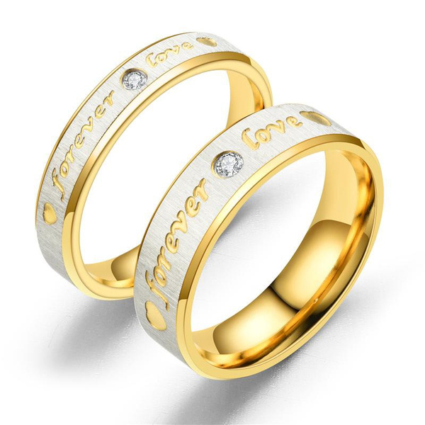 Men's and Women's Gold Titanium Steel Diamond-encrusted Couple Ring ...