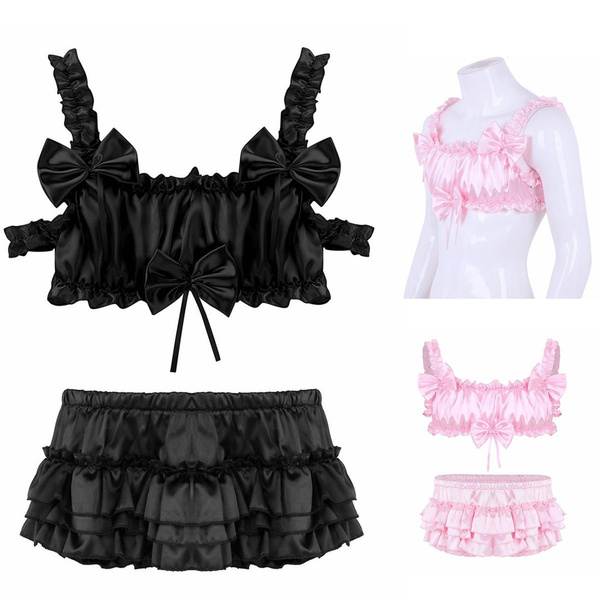 Mens Sissy Crossdressing Costume Lingerie Set Ruffled Bra Top Bloomer ...
