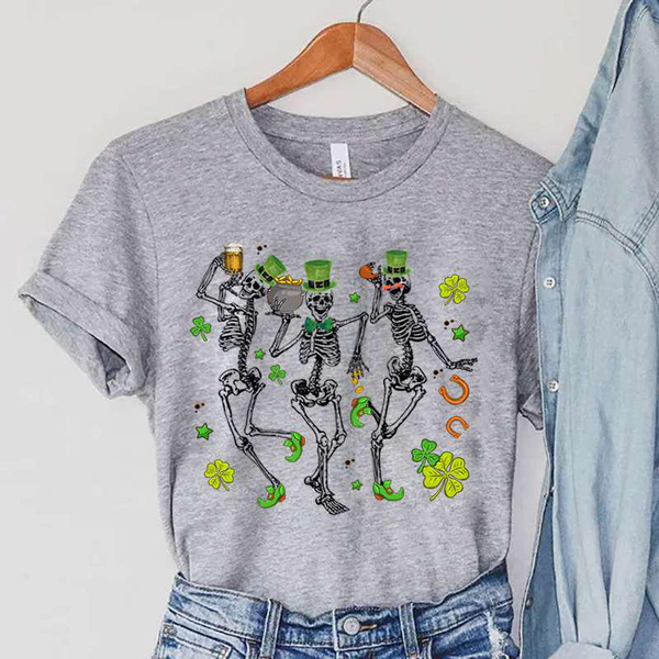 Cute St Patrick's Day Skeleton Clover Print T-shirts For Women Summer ...