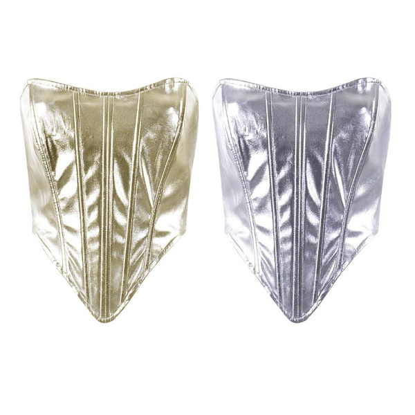 Women Corset Crop Top Boned Bustier Metal Gloss Party Bodyshaper Strap ...