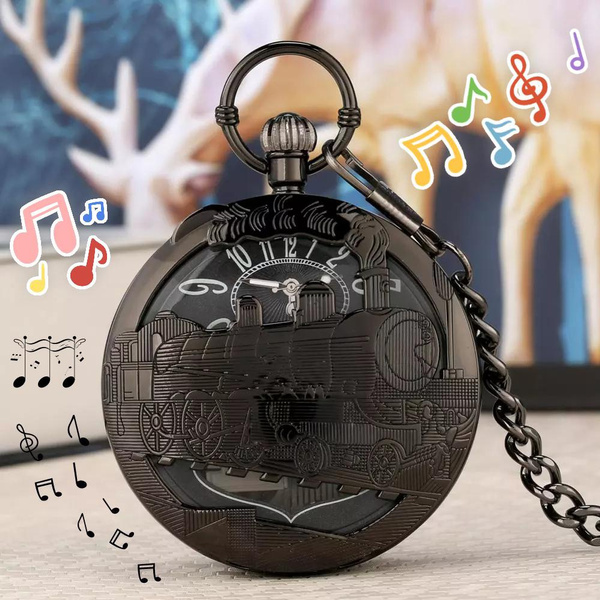 Castle In The Sky Musical Pocket Watch Antique Black Steampunk Train ...