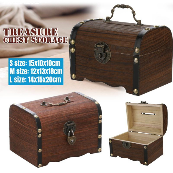 Vintage Treasure Storage Box Piggy Bank Organiser Wooden Treasure Chest ...