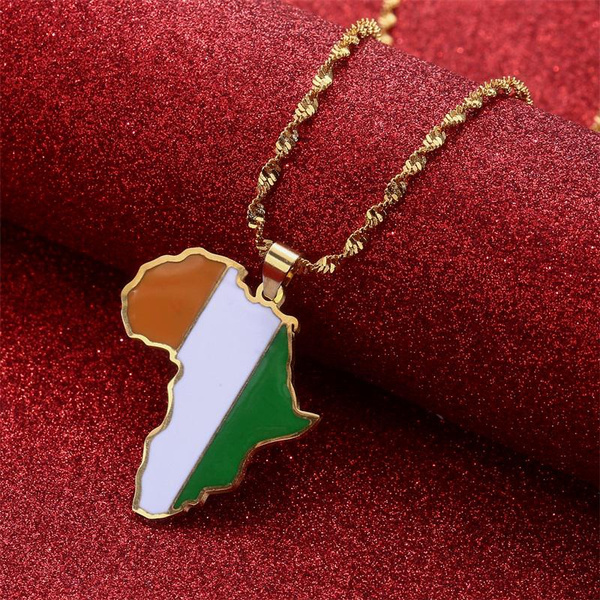 Africa Map Flag Pendant Necklace Gold Color Stainless Steel Cote d ...