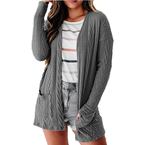 Women Cable Knit Open Front Coat Ladies Cozy Outwear Plain Outdoor Long ...