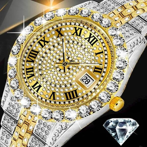 New Fashion Brand Men Big Diamond Watch Luxury Gold Watch 18 K Gold ...