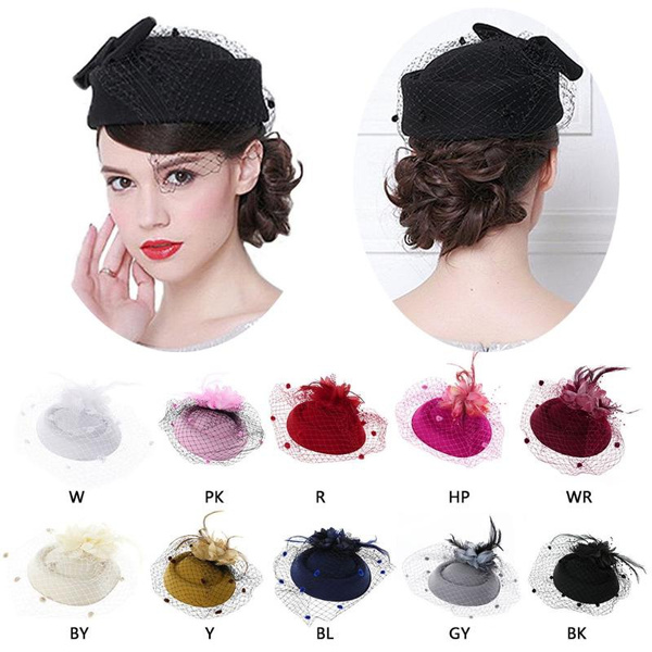 Fascinators Hats Solid Color Feather Flower Pillbox Hat Cocktail Tea ...