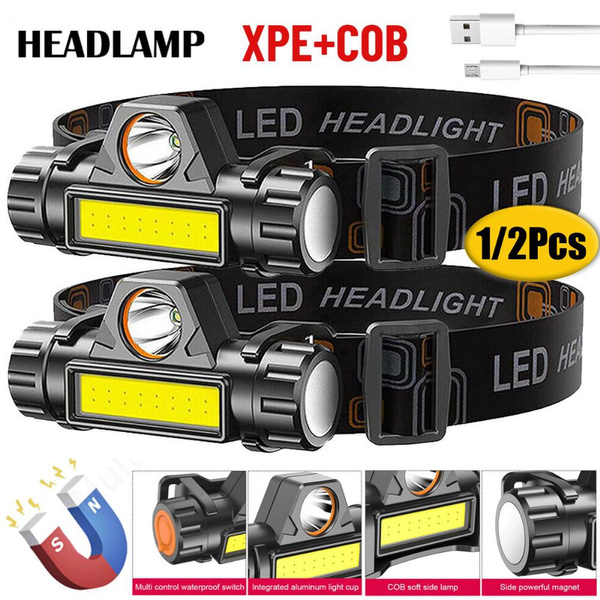 XPE+COB LED Headlamp Dual Light Source Head Torch USB Rechargeable ...
