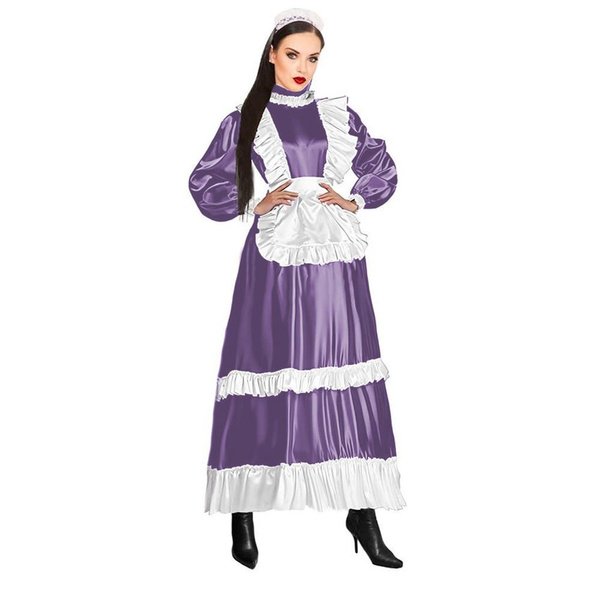 High Qualities French Maid Faux Latex Long Dress Puff Long Sleeves ...