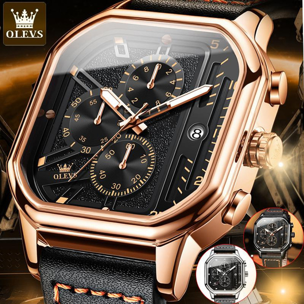 OLEVS Man Square Dial Quartz Watch Leather Strap Waterproof Luminous ...