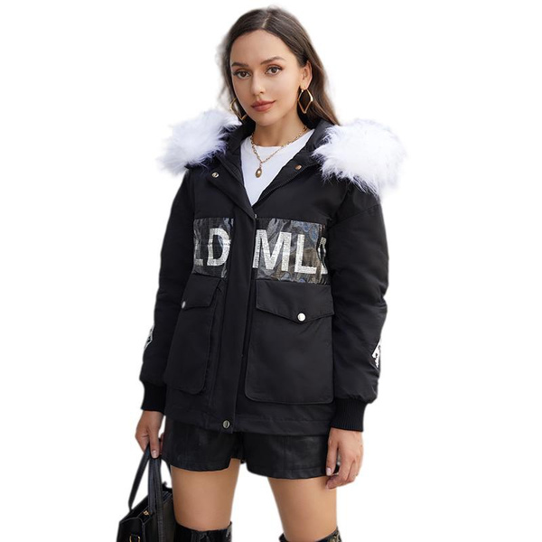 Women's Winter White Parka Jacket with Big Fur Collar and Fashionable ...