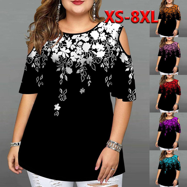 XS-8XL Summer Clothes Women's Fashion O-Neck Short Sleeved Off Shoulder Tops Casual Flowers ...