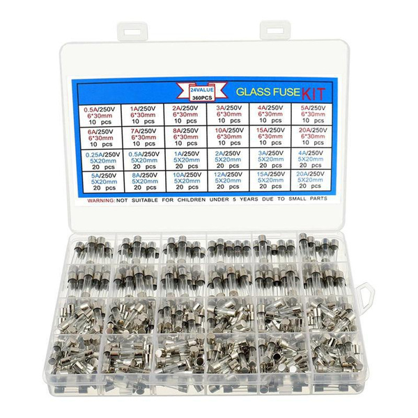 24 Values 360PCS Fast-Blow Glass Tube Fuse Kit 6x30mm 250V 0.5A-20A ...