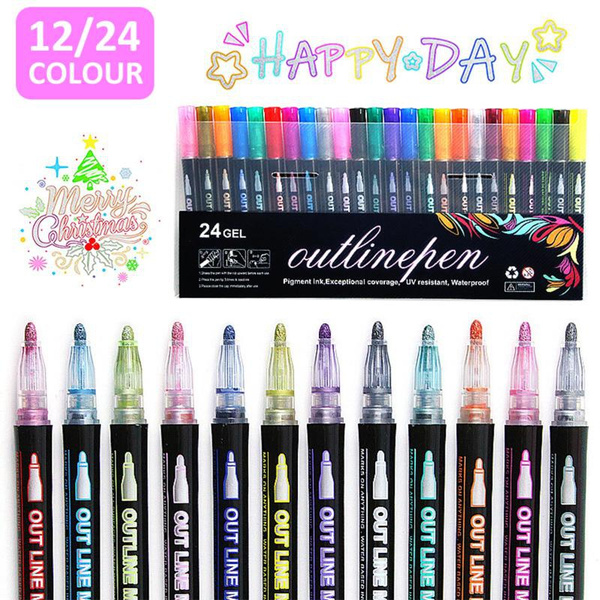 12 Colors Double Line Outline Art Pen Marker Pen DIY Graffiti Outline ...