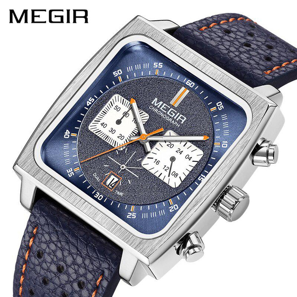 MEGIR New Square Watches for Men Top Luxury Blue Leather Military Men's ...