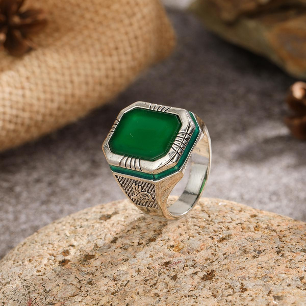 New fashion Europe and America vintage silver-plated men's emerald ring exquisite simple ...