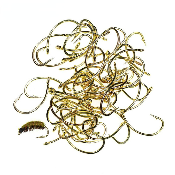 Kylebooker 100pcs Gold Color Curved Shank Fly Hook Nymph Scud Shrimp ...
