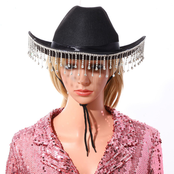 Women's Cowboy Hat Shiny Rhinestone Fringe Western Bridal Cowgirl Hat ...