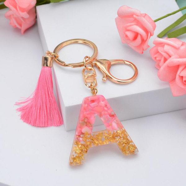 Fashion Resin Alphabet Keyring with pink Butterfly Pendant Sequin Gold ...