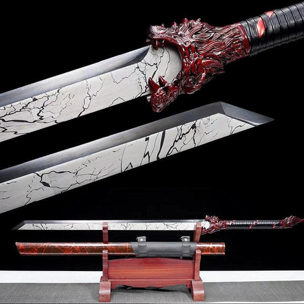 Red Wolf Chinese Sword Steel Flame Embossing Balde Battle Ready Sword ...