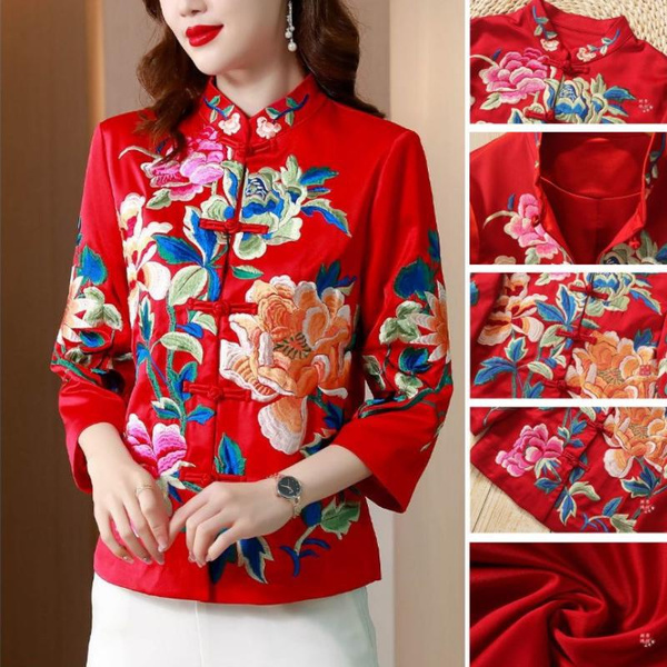 Women Embroidered Cheongsam Jacket Satin Retro Ethnic Top Chinese New ...