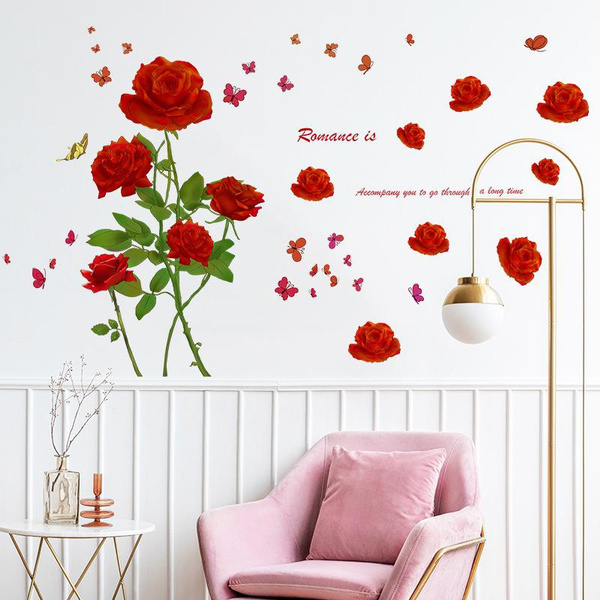 Red Rose Flower Wall Stickers Floral Peel and Stick Wall Art Decals for ...
