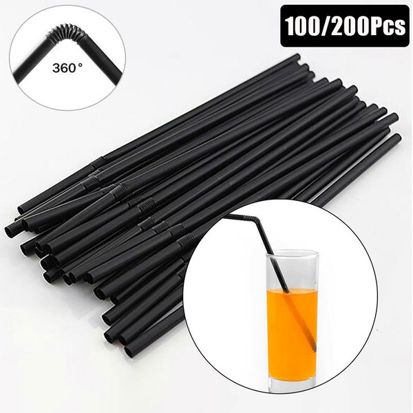 200Pcs/100Pcs Black Plastic Bendable Drinking Straws 210mm Long ...