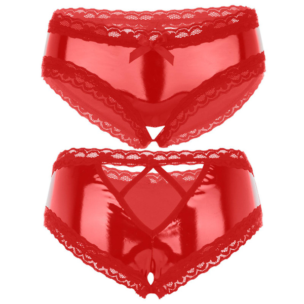 Womens Ladies Wet Look Faux Leather Lingerie Lace Knickers Briefs