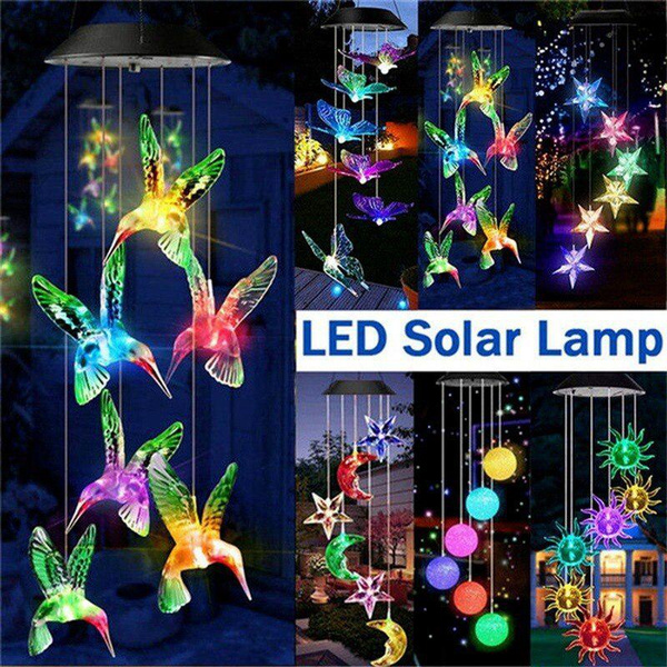 LED Solar Wind Chime Crystal Ball Hummingbird Wind Chime Light Color ...