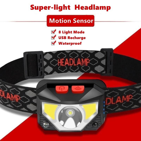 8 Modes Motion Sensor Powerful LED Headlight Headlamp Head Lamp COB ...
