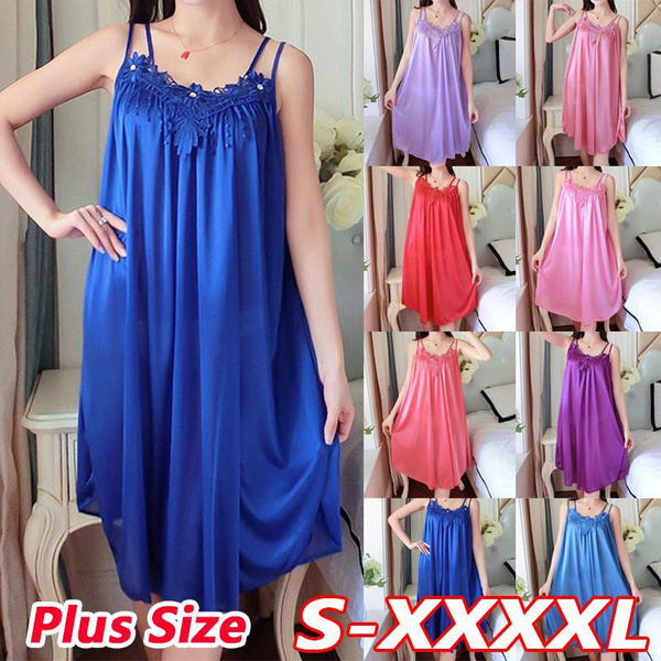 8 Colors Plus Size Women Pajamas Dress Lace Satin Short Sleeve Long ...