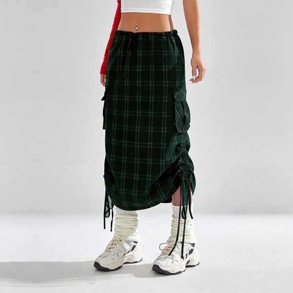 Plaid skirt for women High Waisted Ruched Drawstring Long Pencil Skirts ...